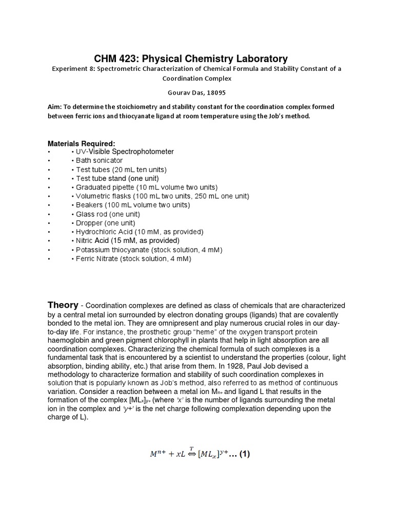 Jobs Plot Experiment Lab Manual | PDF | Coordination Complex | Absorbance