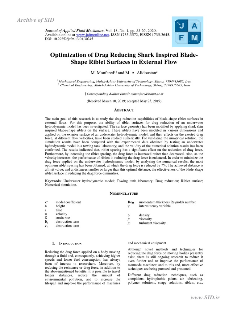 Optimization of Drag Reducing Shark Inspired Blade-Shape Riblet Surfaces in External Flow | PDF ...