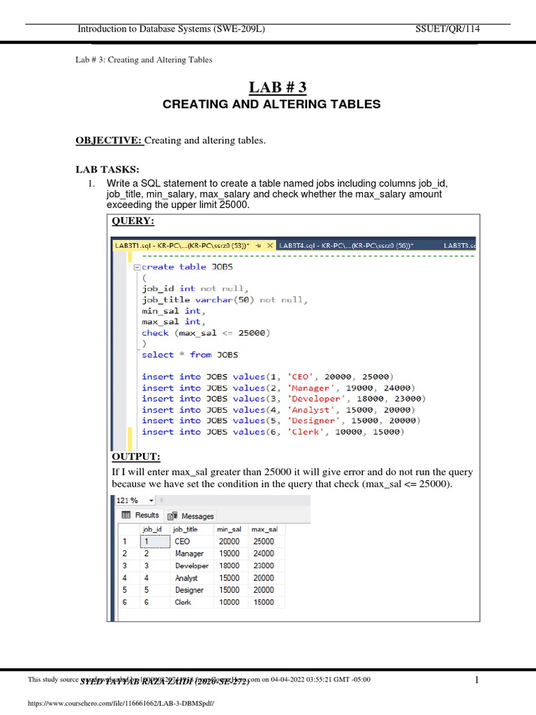 OBJECTIVE: Creating and Altering Tables | PDF | Table (Database) | Information Technology Management