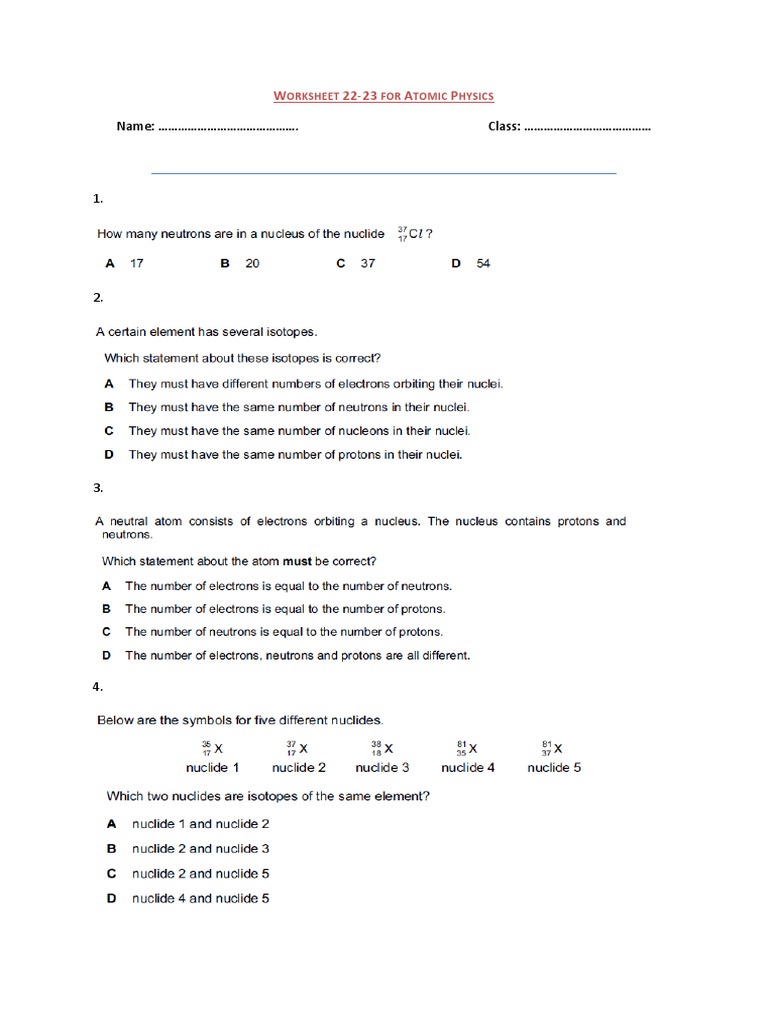 Worksheet 22-23 For Atomic Physics | PDF | Art | Science & Mathematics