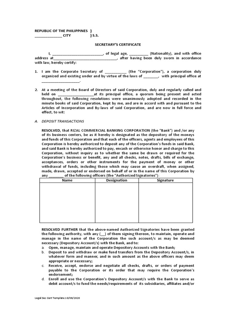 Secretary's Certificate Template | PDF | Banks | Cheque