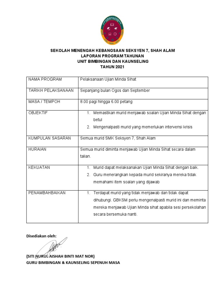 Laporan Program Ujian Minda Sihat | PDF