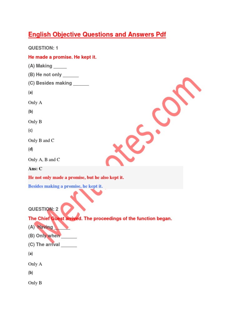 English Objective Questions and Answers PDF: He Made A Promise. He Kept ...