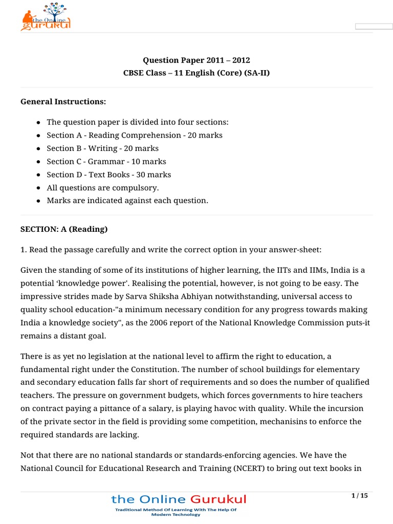 Question Paper 2011 - 2012 CBSE Class - 11 English (Core) (SA-II) | PDF ...