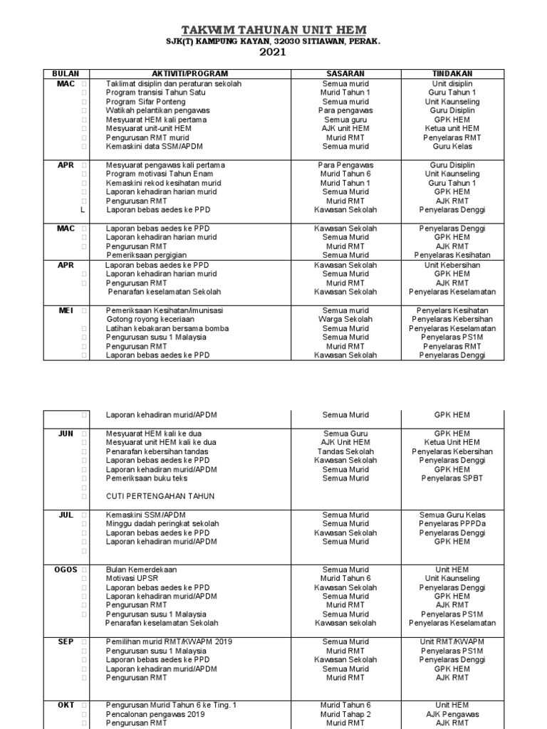 Takwim Tahunan Unit Hem | PDF