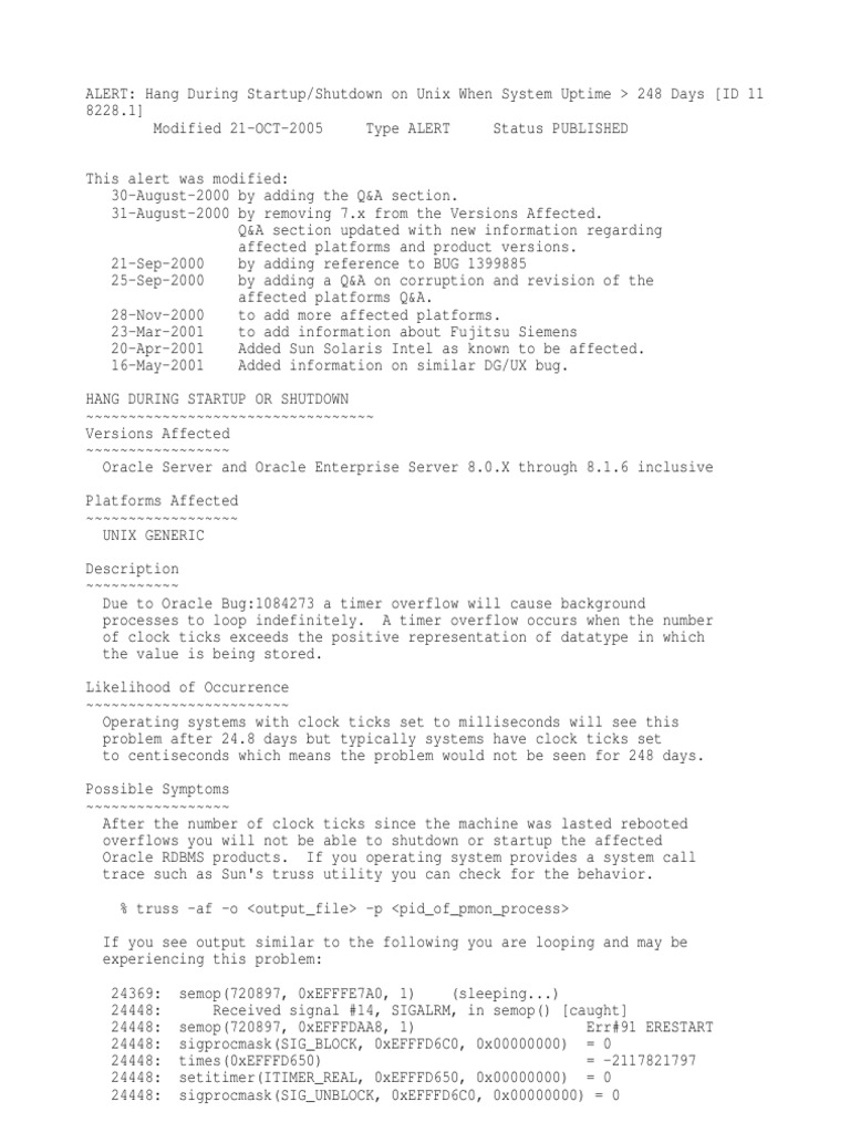 Hang During Startup or Shutdown on Unix Systems After 248 Days of Uptime Due to Timer Overflow ...