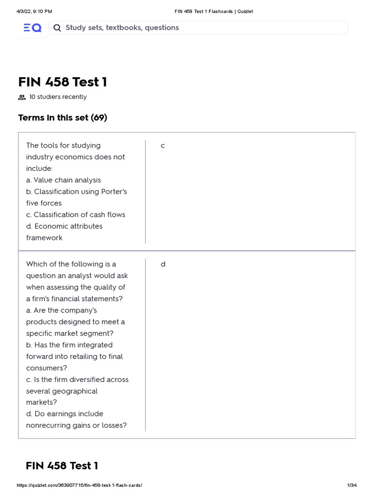 FIN 458 Test 1 Flashcards Guide | PDF | Equity (Finance) | Expense