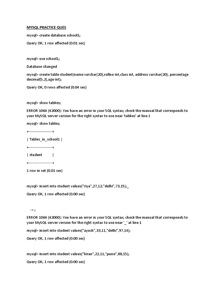 Mysql Practice Ques | PDF | Computer Programming | Data