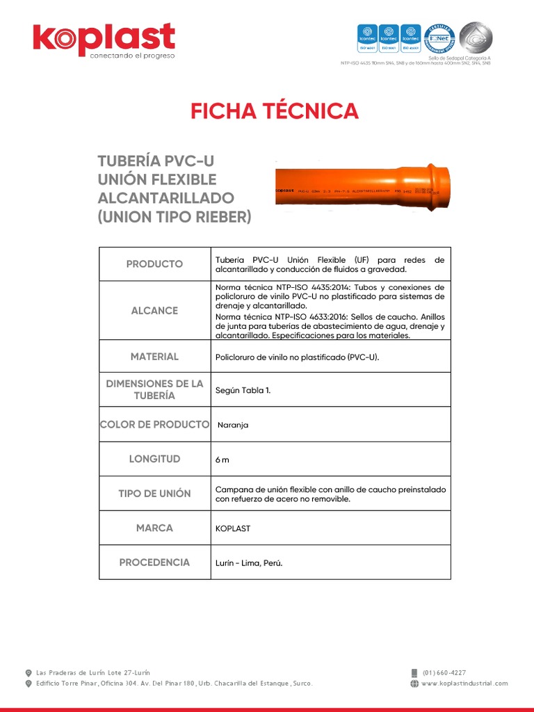 Ficha Técnica Tuberia Pvc-U Alcantarillado - NTP Iso 4435 - Union ...