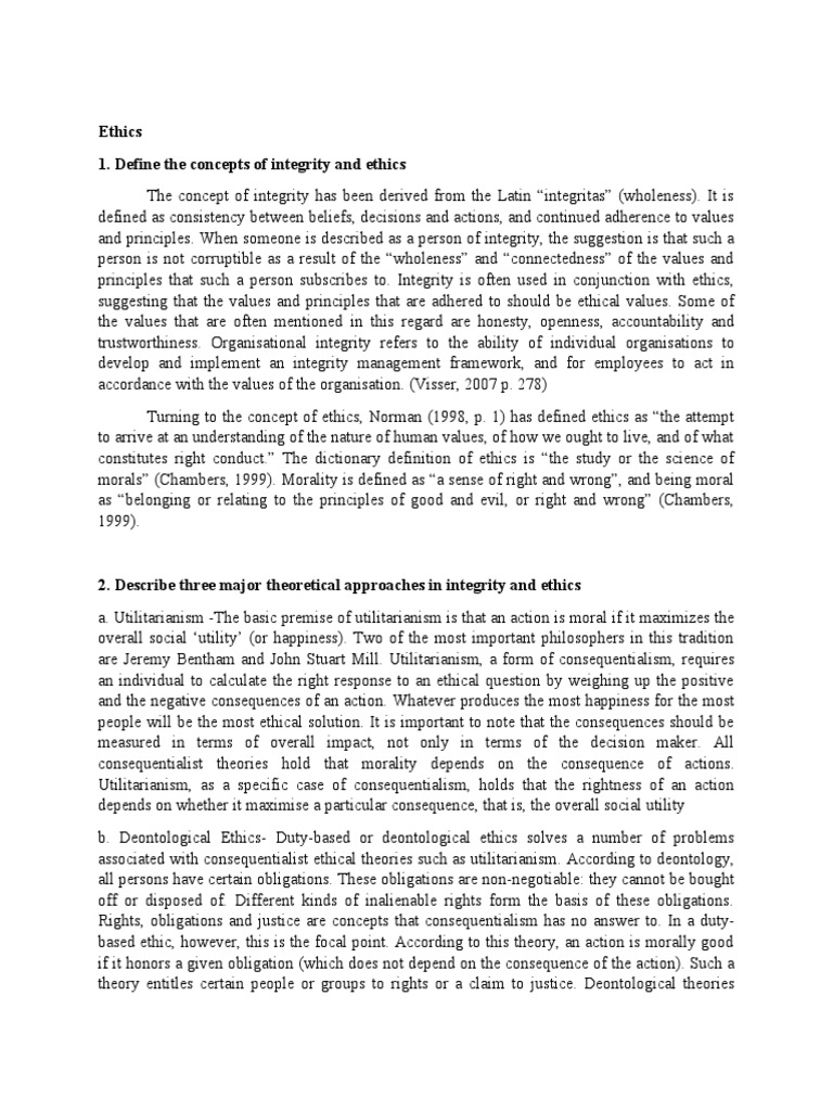 Ethics 1. Define The Concepts of Integrity and Ethics | PDF ...