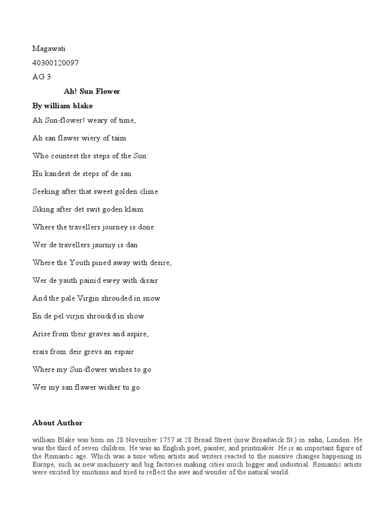 Ah! Sun Flower by William Blake: Soho | PDF | William Blake | Poetry