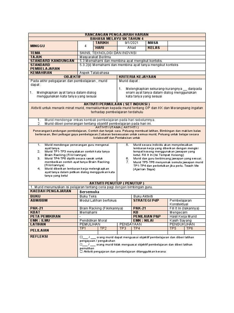 RPH BM Tahun 4 Minggu 4 Penggal Ke3 by Cikgu Gorgeous | PDF | Karier & Perkembangan | Seni ...