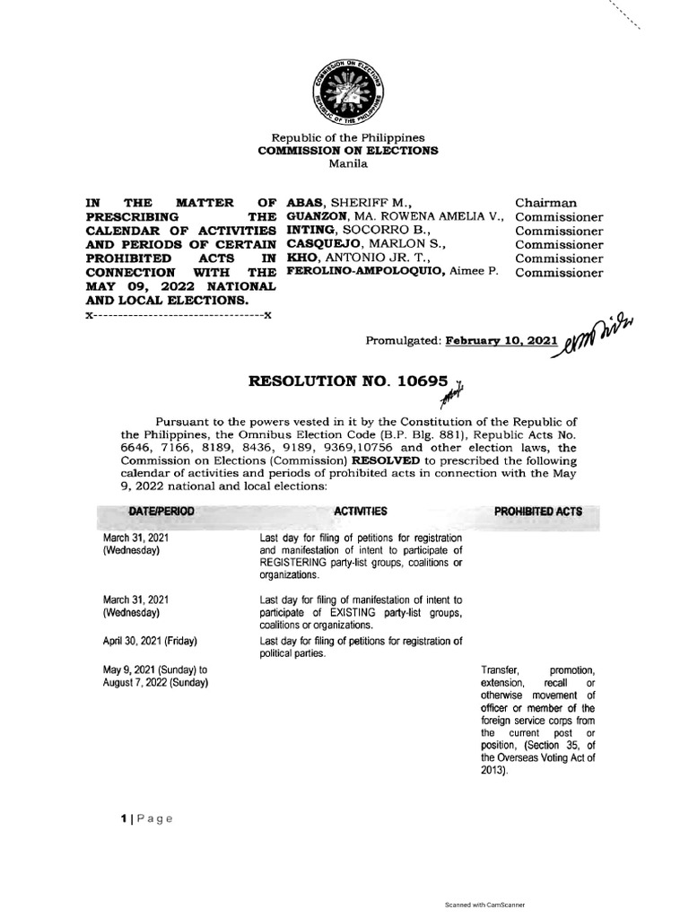 Comelec Reso. No. 10695 | PDF