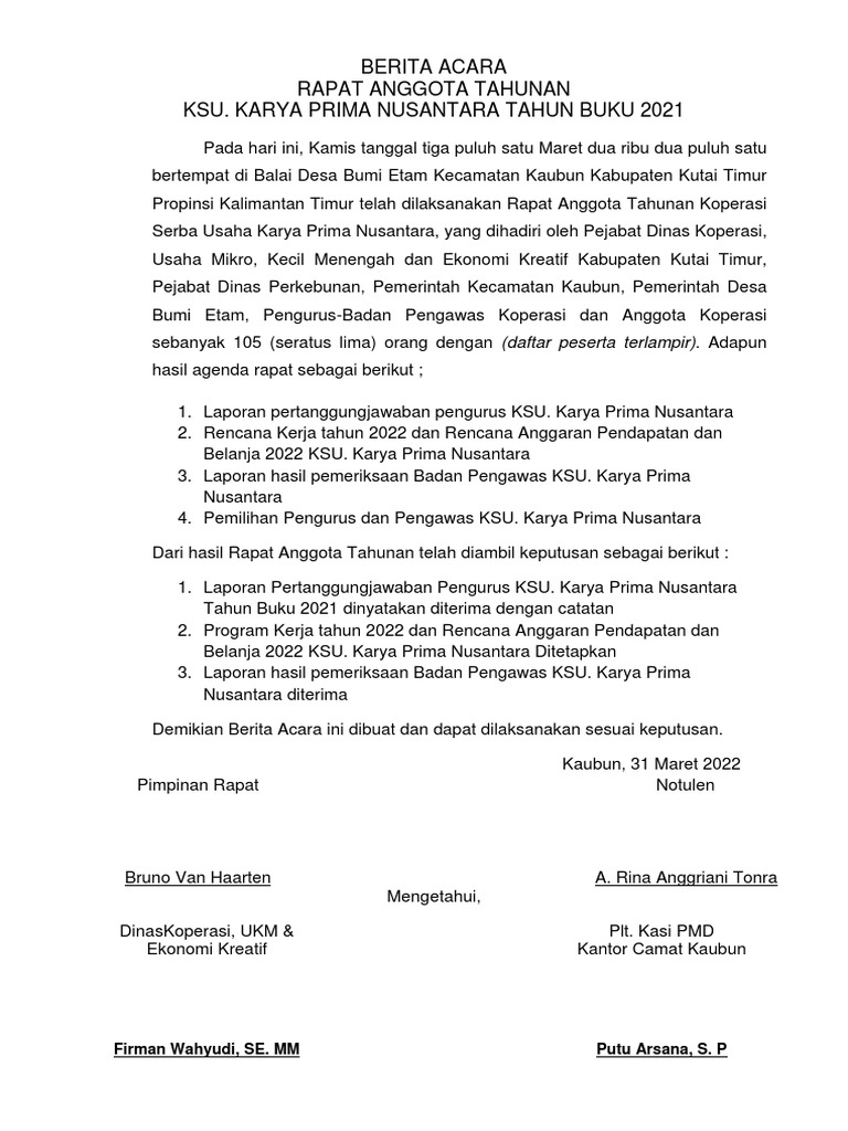 Berita Acara - Notulen Rat 2021 | PDF | Pengelolaan Keuangan & Uang