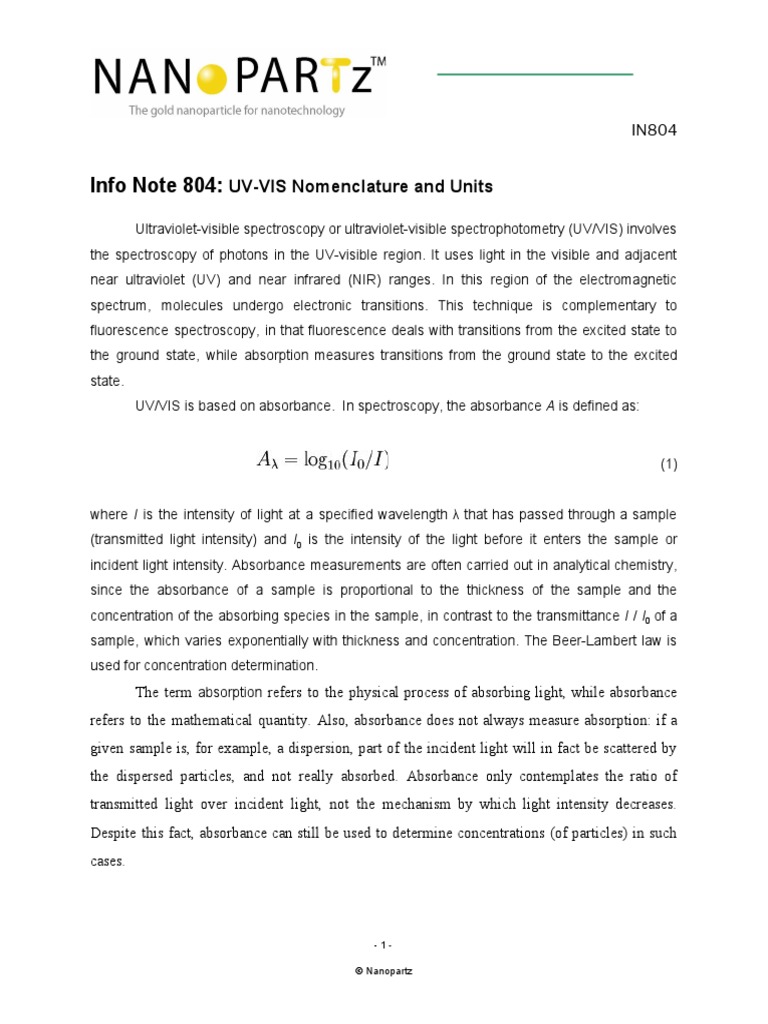 IN804 UV-VIS Nomenclature and Units | PDF | Ultraviolet–Visible ...