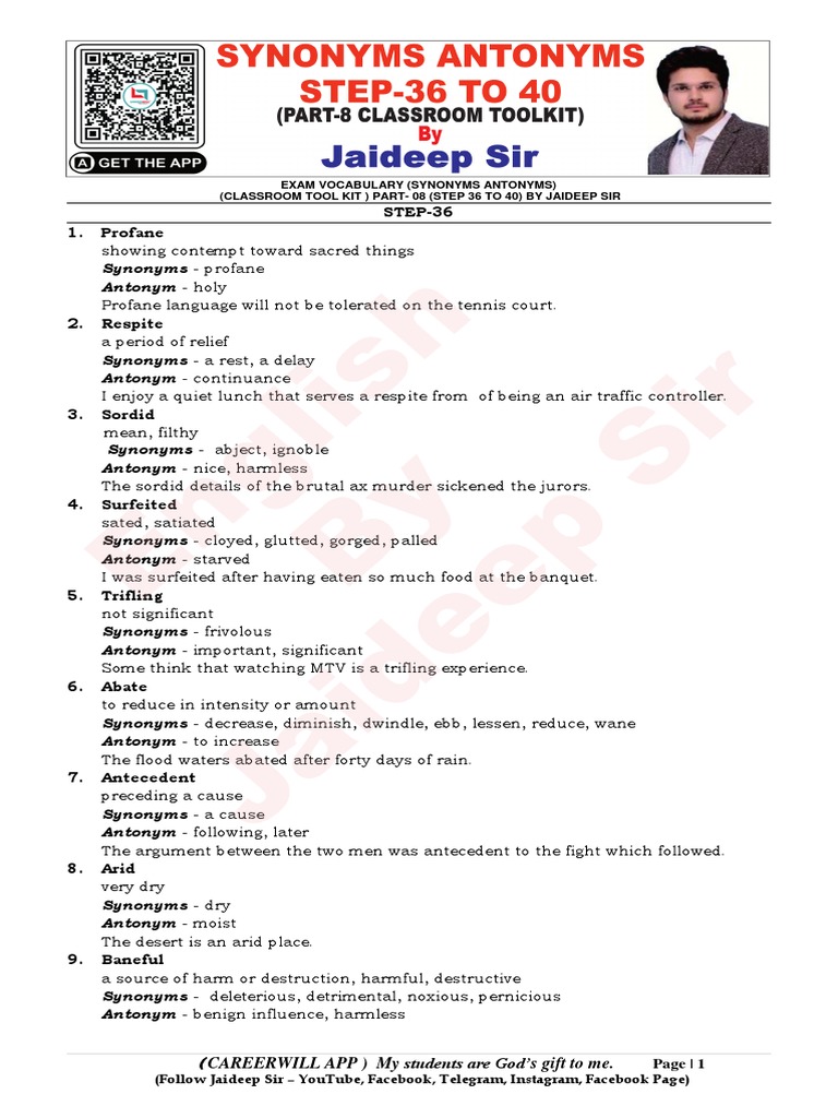 STEP-36 1. Profane: Exam Vocabulary (Synonyms Antonyms) (Classroom Tool ...