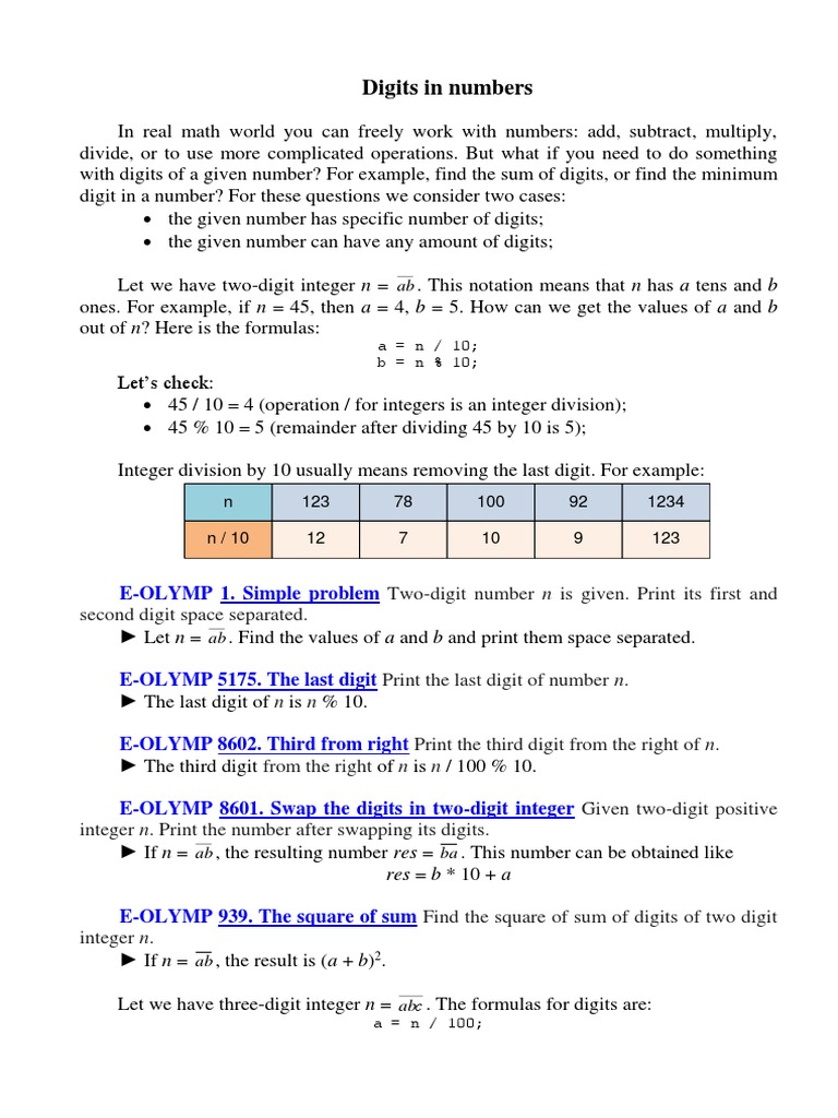 Digits in Numbers: E-OLYMP 1. Simple Problem | Download Free PDF | Numbers | Division (Mathematics)