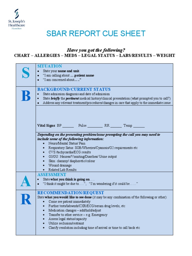 Sbar Report Cue Sheet Oct 18 | PDF