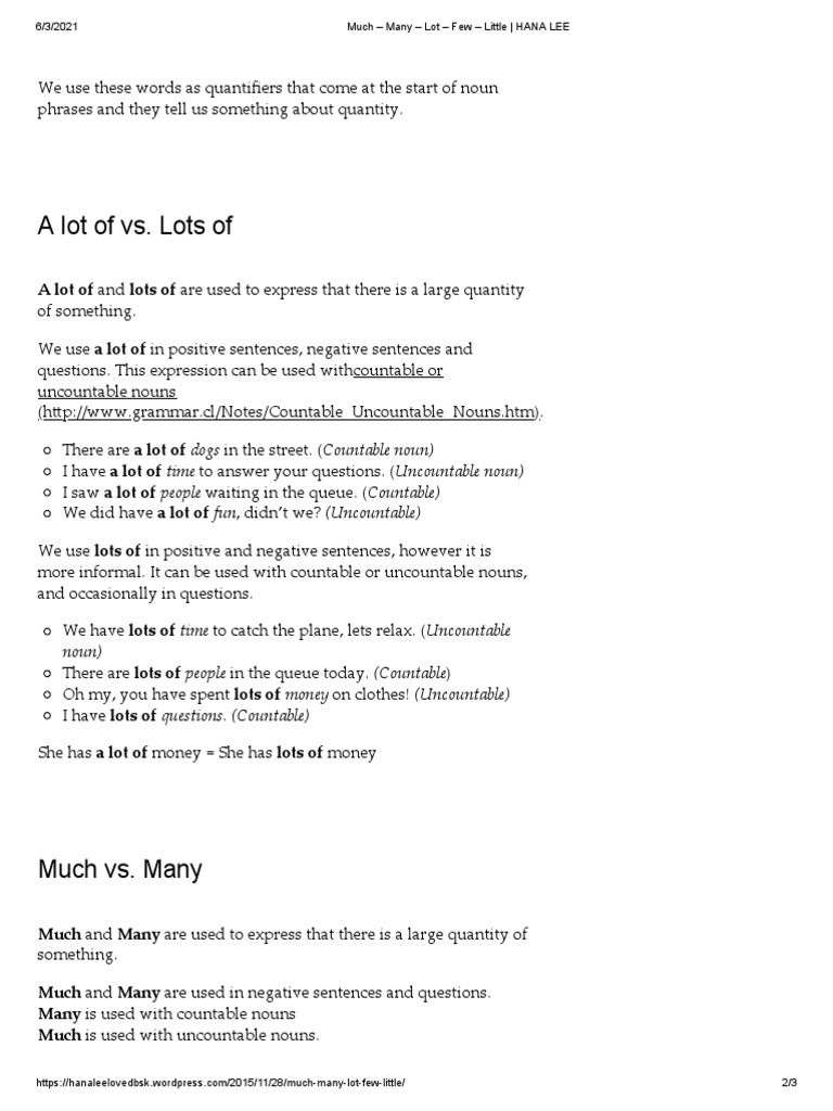 Much - Many - Lot - Few - Little - HANA LEE | PDF | Noun | Quantity