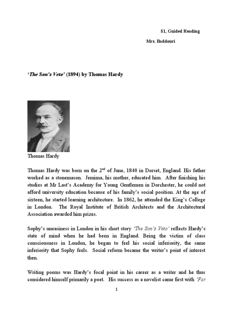 Analysis of Hardy's "The Son's Veto" | PDF | Thomas Hardy