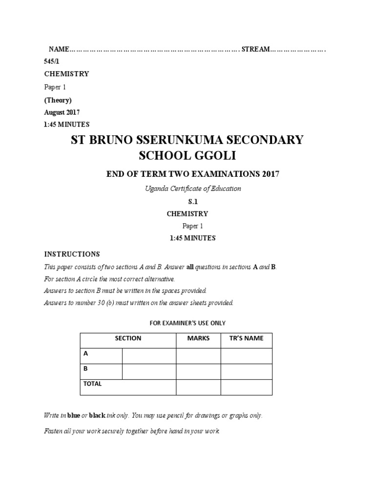 S.1 Chemistry End-of-Term Exam 2017 | PDF | Water | Ammonium