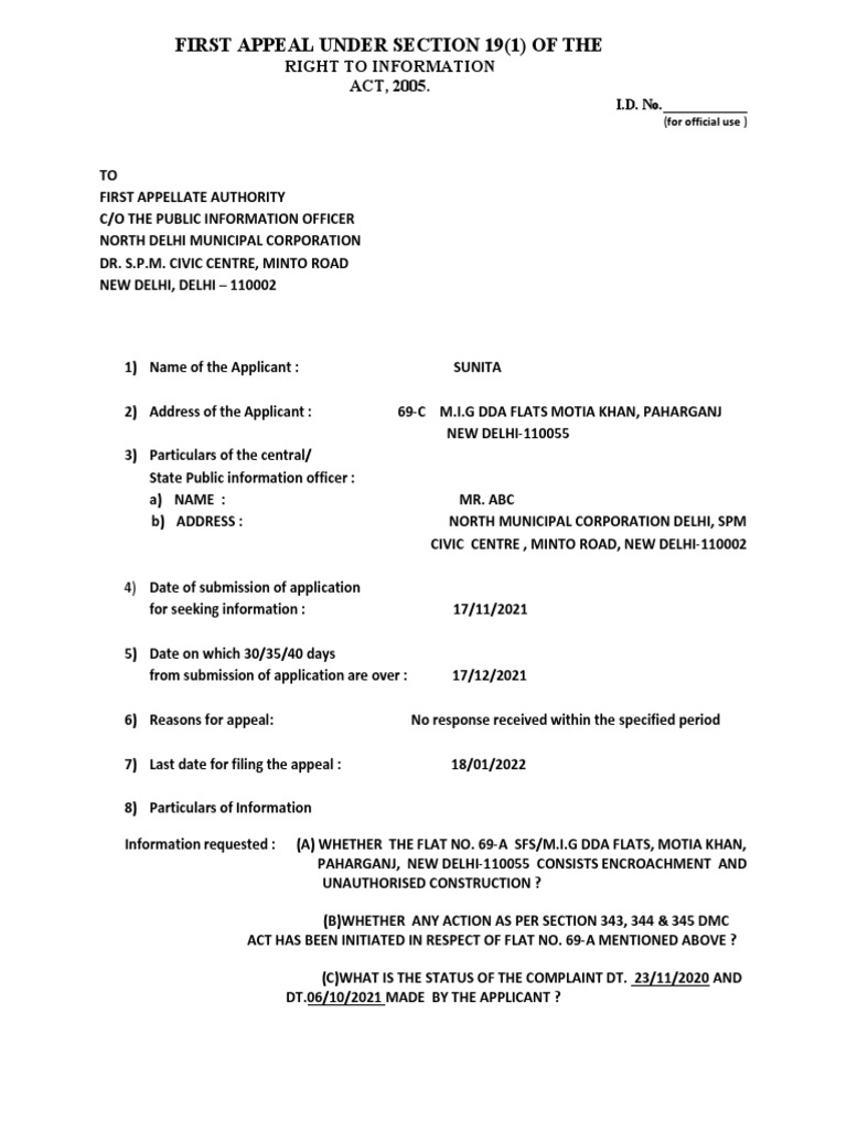 First Appeal Under Section 19 (1) of The: Right To Information ACT, 2005 | PDF | Justice | Crime ...