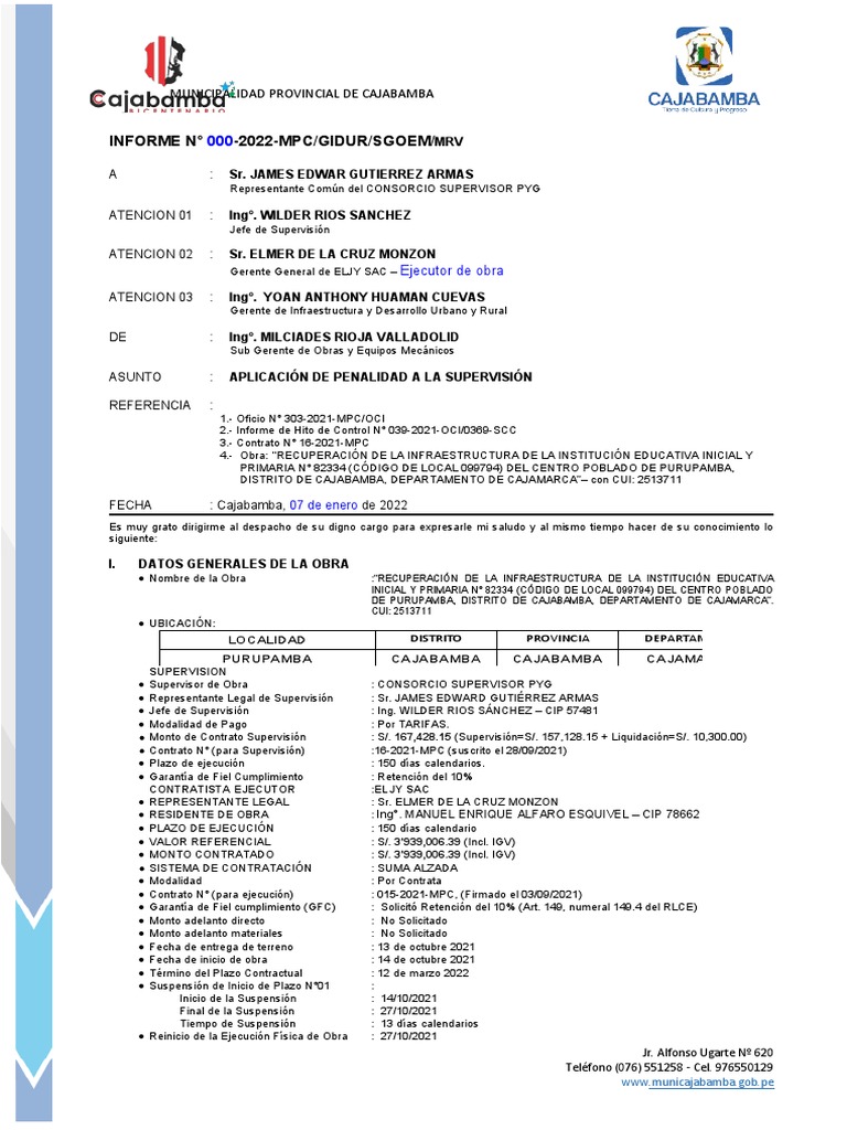 Informe #0000-2022 - APLICACIÓN DE PENALIDAD A SUPERVISIÓN | PDF