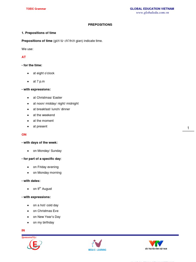 Prepositions - ToEIC Grammar | PDF | Preposition And Postposition | Language Mechanics
