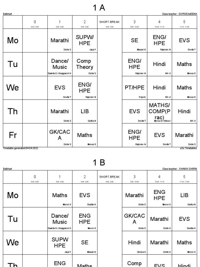 Time Table Classwise | PDF