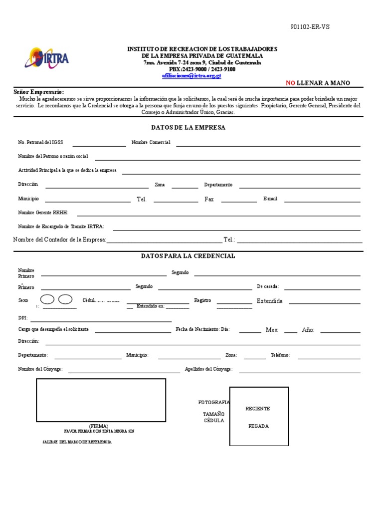 Formulario IRTRA - Boleta Credencial Patrono | PDF | Economias