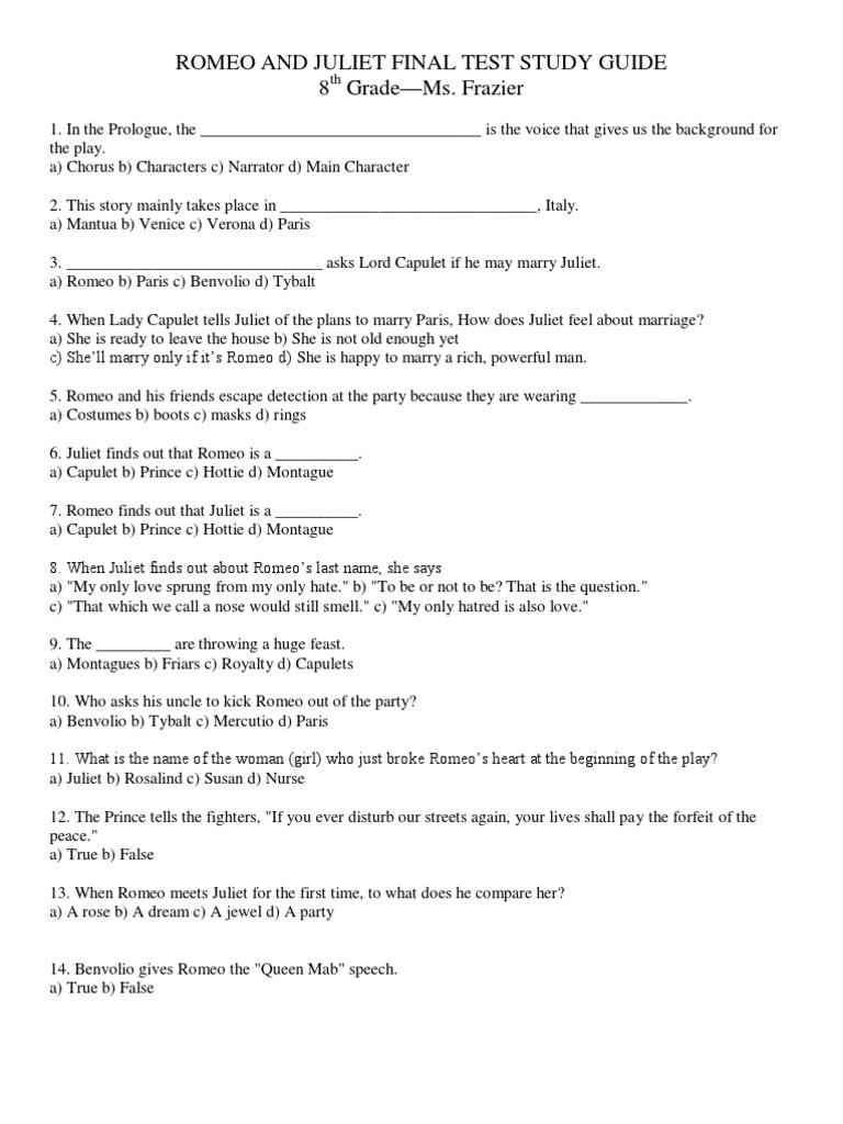 Romeo and Juliet Final Test Guide | PDF | Characters In Romeo And ...