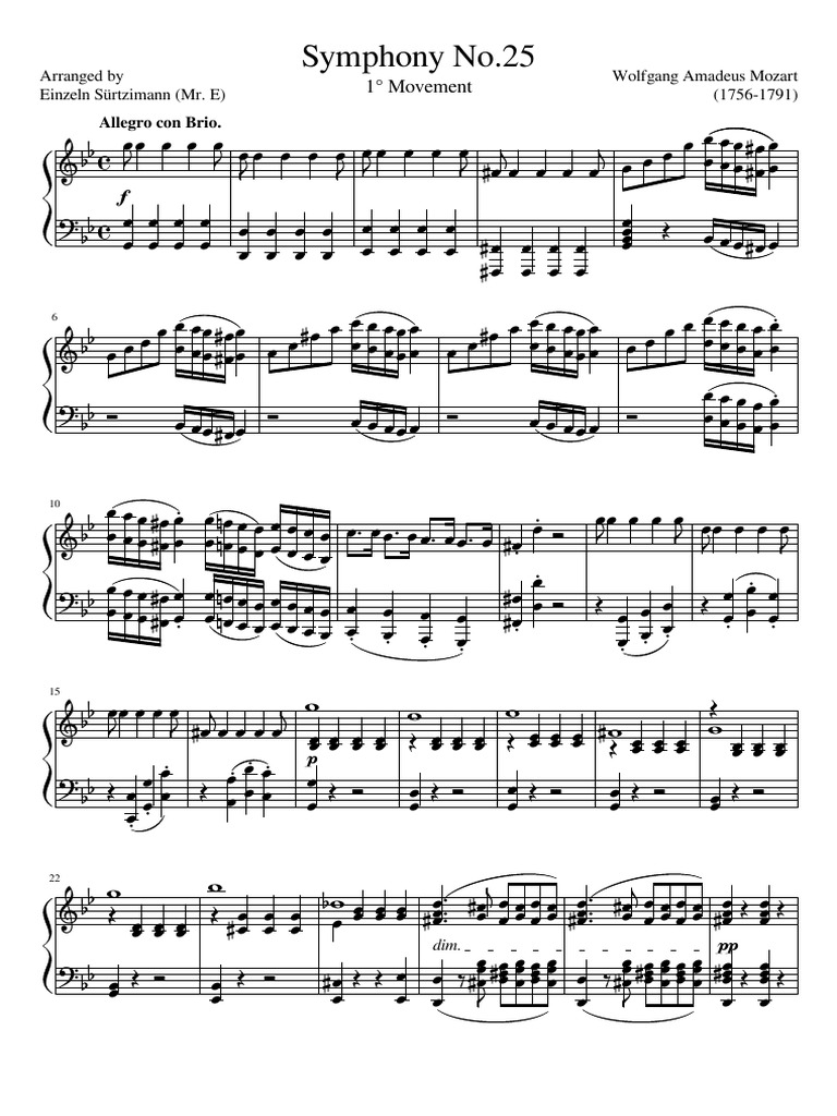 Mozart - Symphony No.25 - Piano Solo | PDF