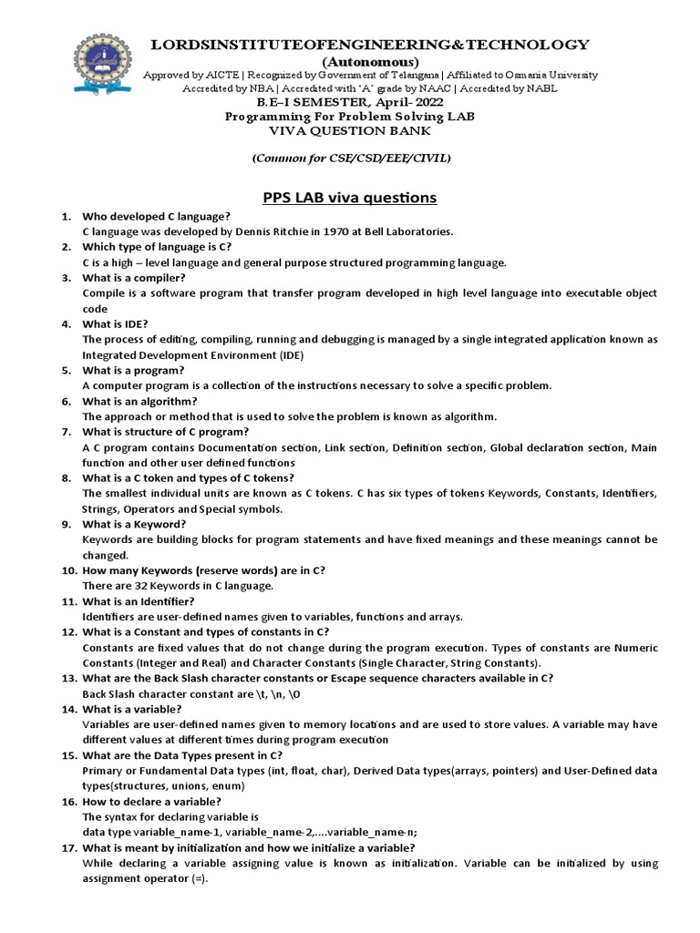 PPS LAB Viva Questions: Lordsinstituteofengineering&Technology | PDF ...