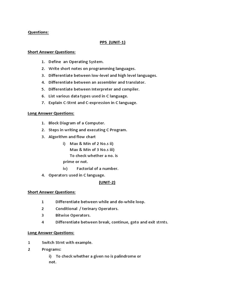 Questions: Pps (Unit-1) Short Answer Questions | PDF | Computer Data Storage | Control Flow