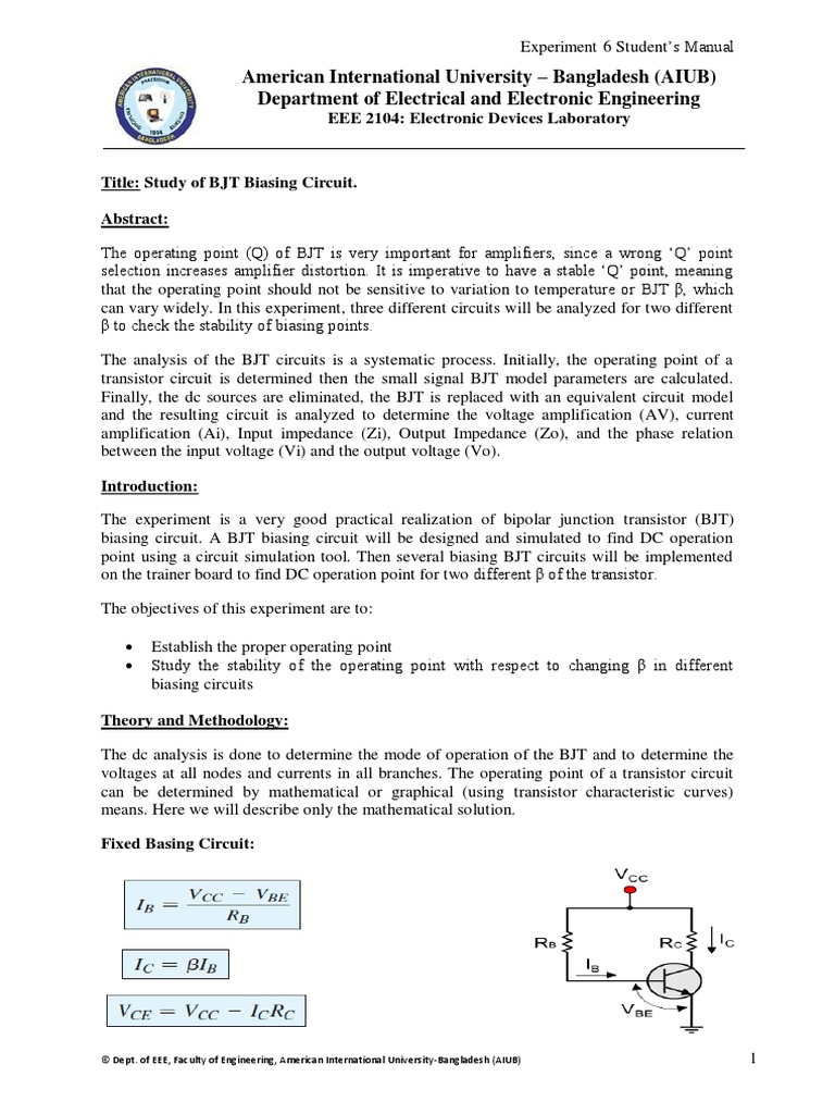 Electronic Devices Lab - Exp - 6 - Student - Manual Summer 18 19 | PDF | Bipolar Junction ...