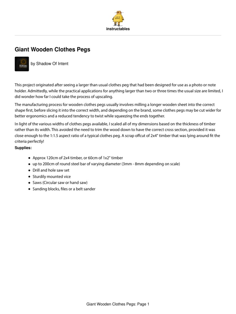 Giant Wooden Clothes Pegs: Instructables | PDF | Lumber | Sheet Metal