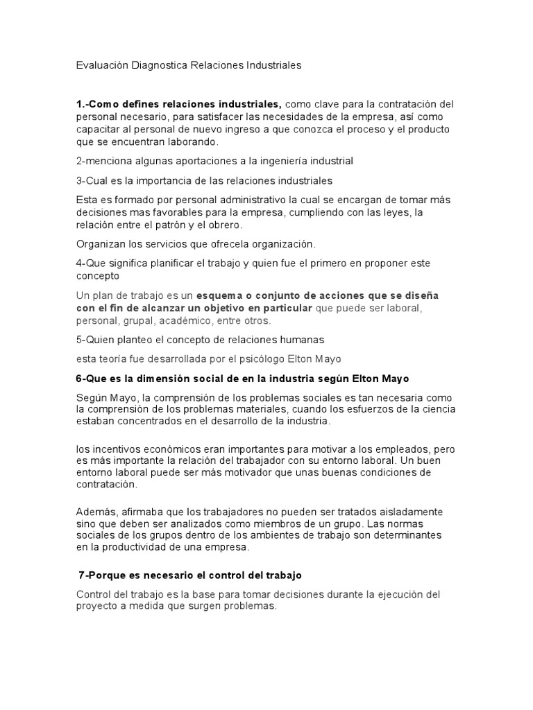 Evaluación Diagnostica Relaciones Industriales Pdf