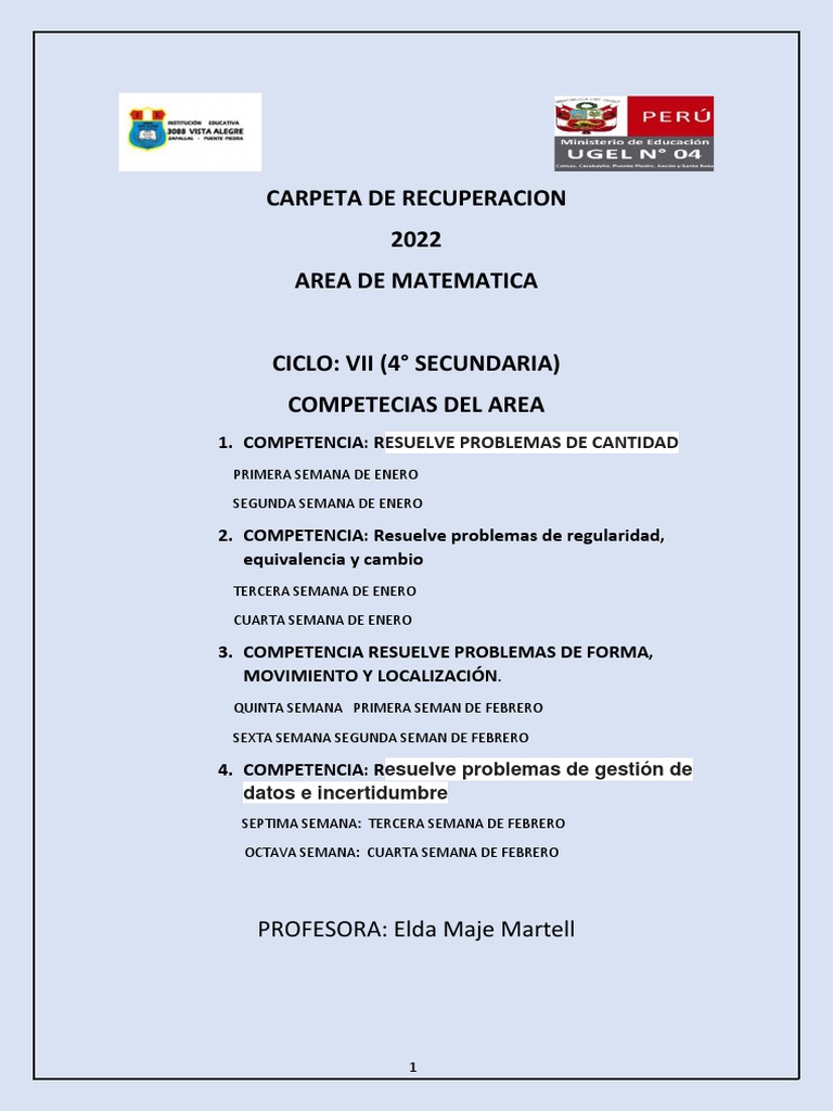 Recuperacion 4to Sec. Matematica | PDF | Ecuaciones | Residuos
