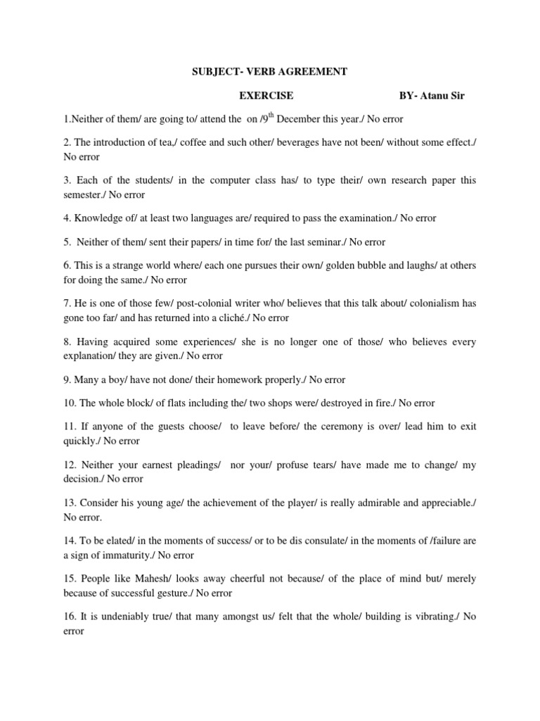 Subject - Verb Agreement (Exercise) | PDF