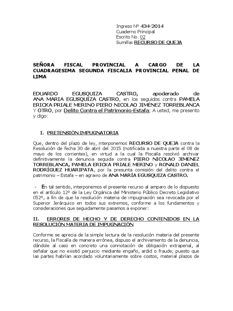 Modelo de Recurso de Queja | PDF | Trucos de confianza | Crimen y violencia