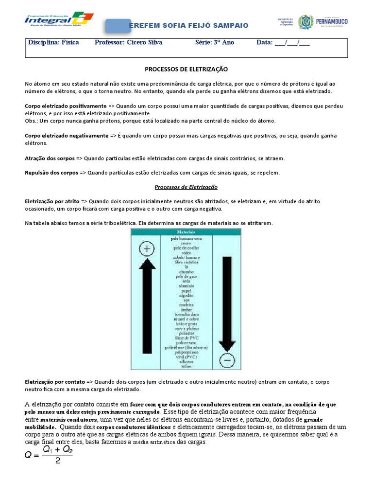 Processos De Eletrização Teoria E Exercícios Pdf Carga Elétrica