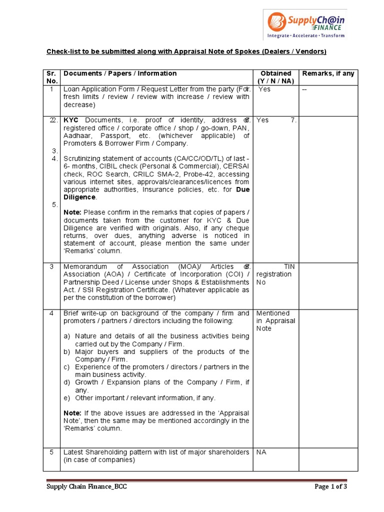 Checklist BOB Supply Chain Finance | PDF | Real Estate Appraisal | Business