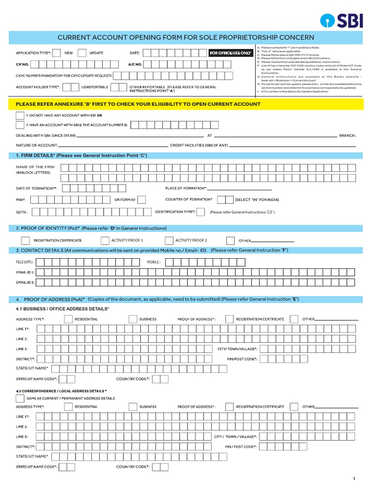 Current Account Opening Form for Sole Proprietorship Concern Guidelines ...