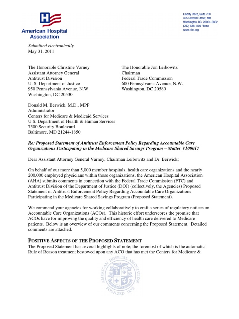 AHA Statement Re ACOs | PDF | United States Antitrust Law | Patient ...