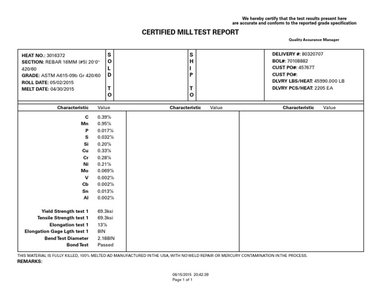 Mill_Test_Report | PDF | Materials Science | Chemical Substances