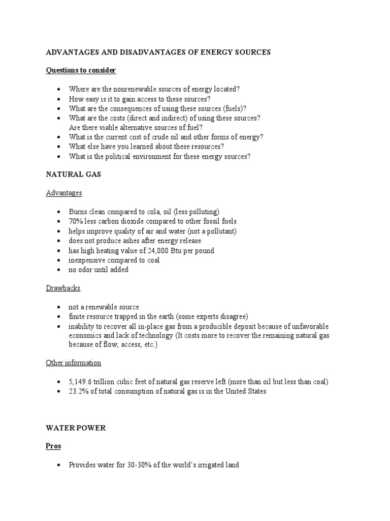 Advantages and Disadvantages of Energy Sources | PDF | Petroleum ...