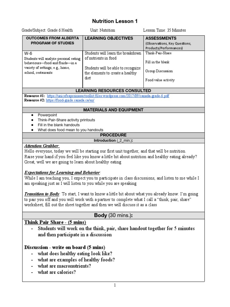 Nutrition Lesson 1: Grade/Subject: Grade 6 Health Unit: Nutrition ...