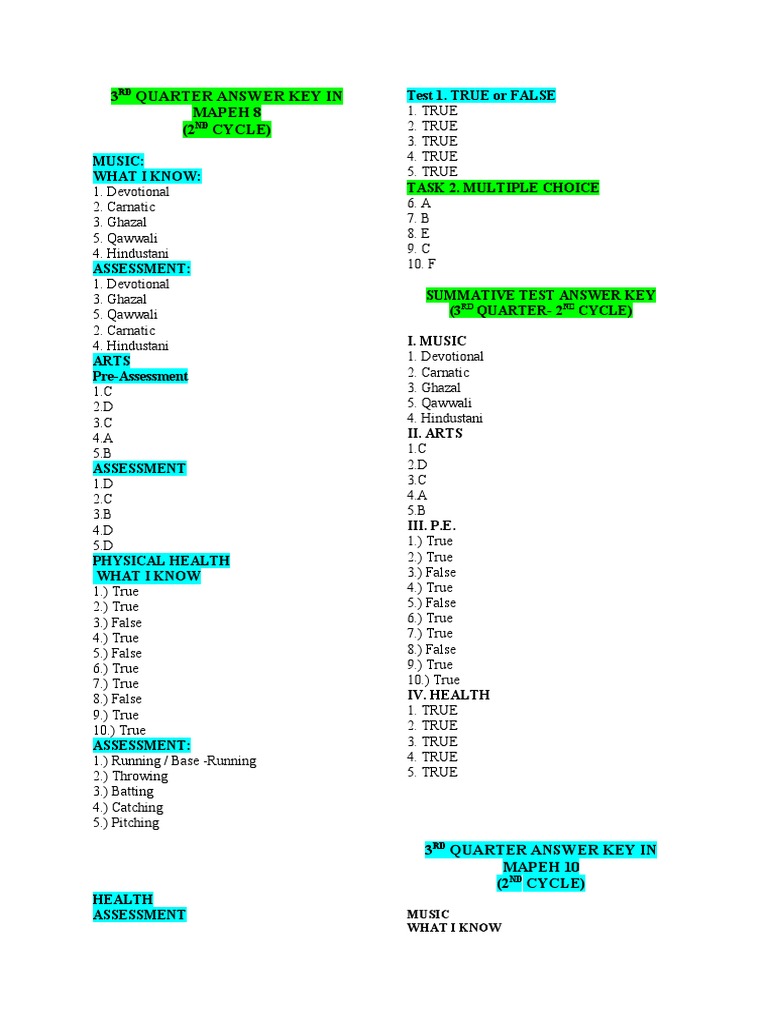 3RD Quarter Answer Key in Mapeh 8 | PDF | Classical And Art Music Traditions