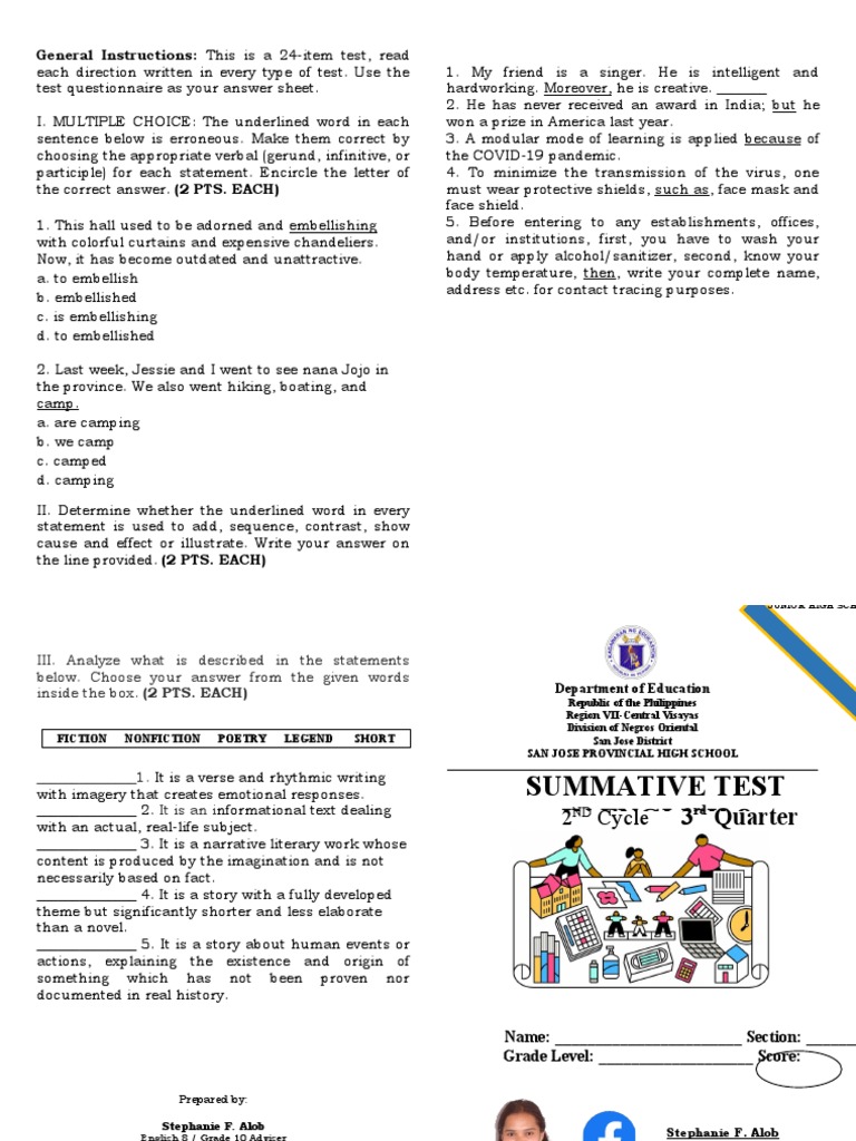 Grade 8 Summative Test 3RD Quarter (2ND Cycle) | PDF | Language Arts ...