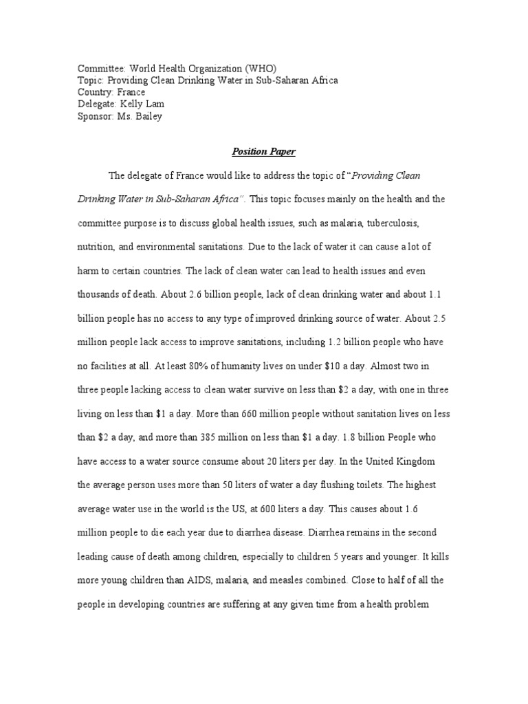 Model Un Position Paper Final | PDF | Desalination | Drinking Water